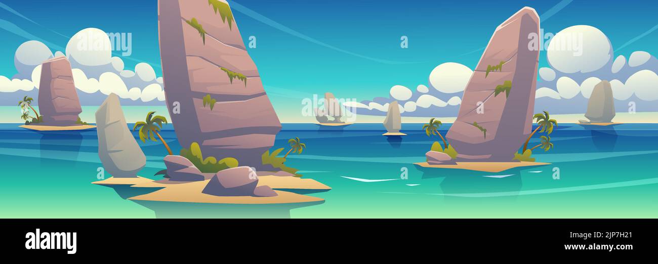 Tropical landscape with rock lumps in sea with moss, sand and palm ...