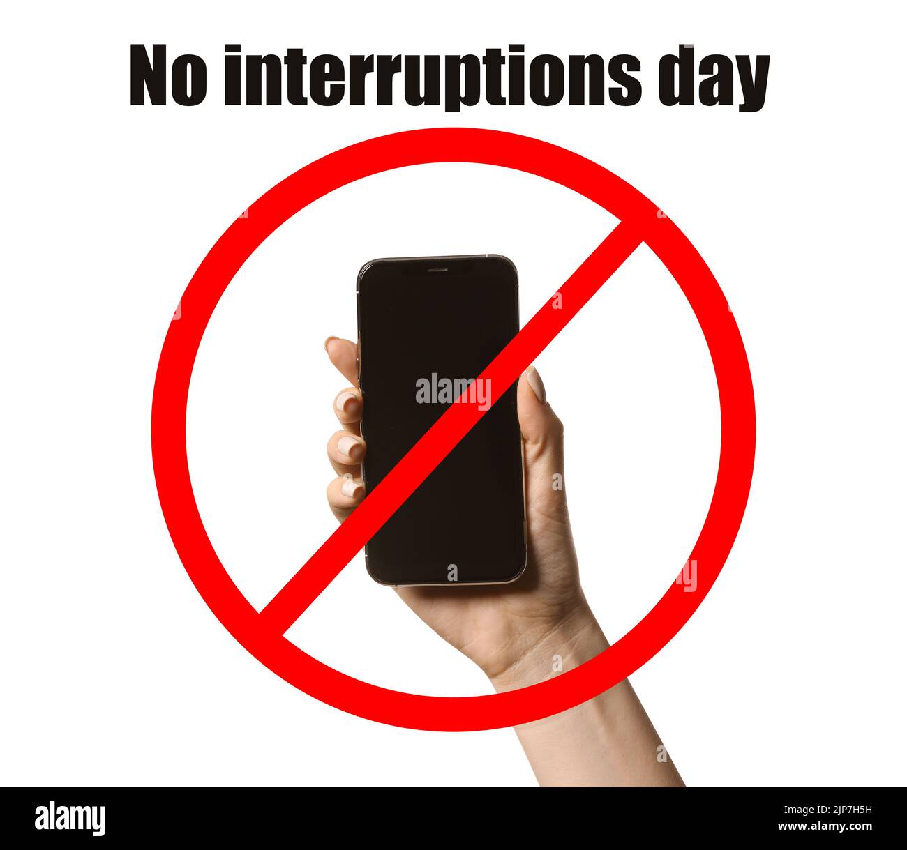 Female hand with mobile phone and stop sign on white background. No ...