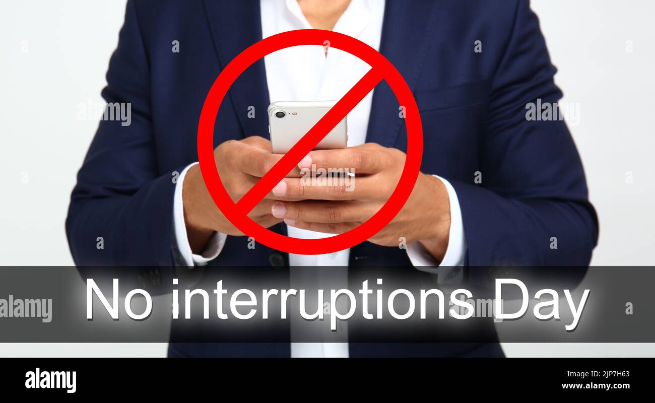 Businessman with mobile phone and stop sign on white background ...