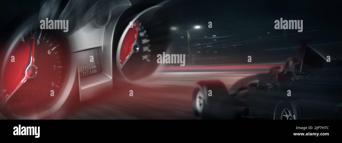 Multiply exposure of speedometer, racing car and city street at night ...