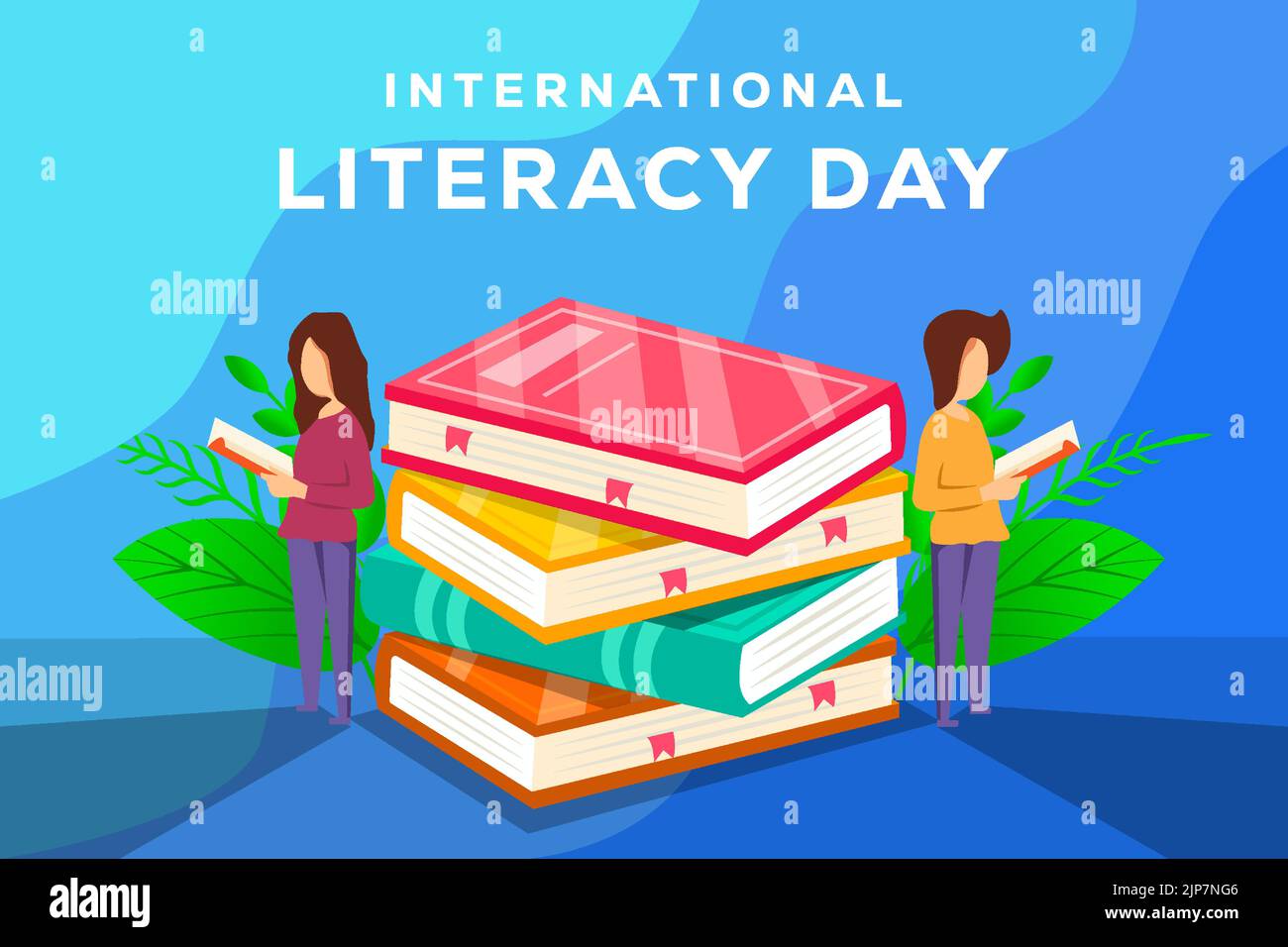 flat International literacy day banner with books and people reading book Stock Vector Image ...