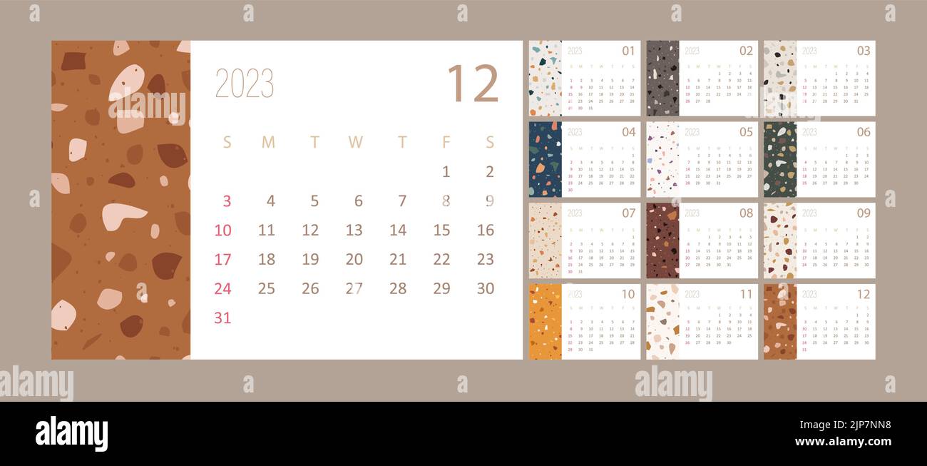 Calendar 2023 with venetian terrazzo texture. Week starting on sunday ...