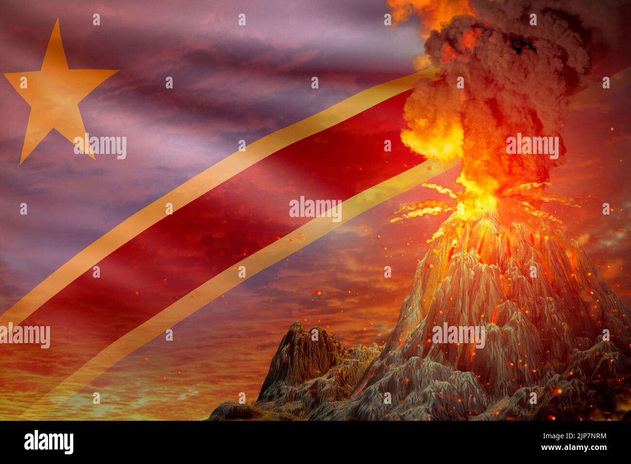 high volcano eruption at night with explosion on Democratic Republic of ...