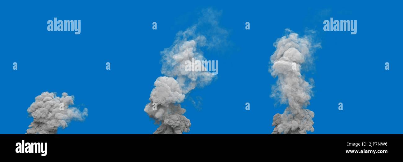 3 grey carbon smoke columns from power station on blue, isolated ...