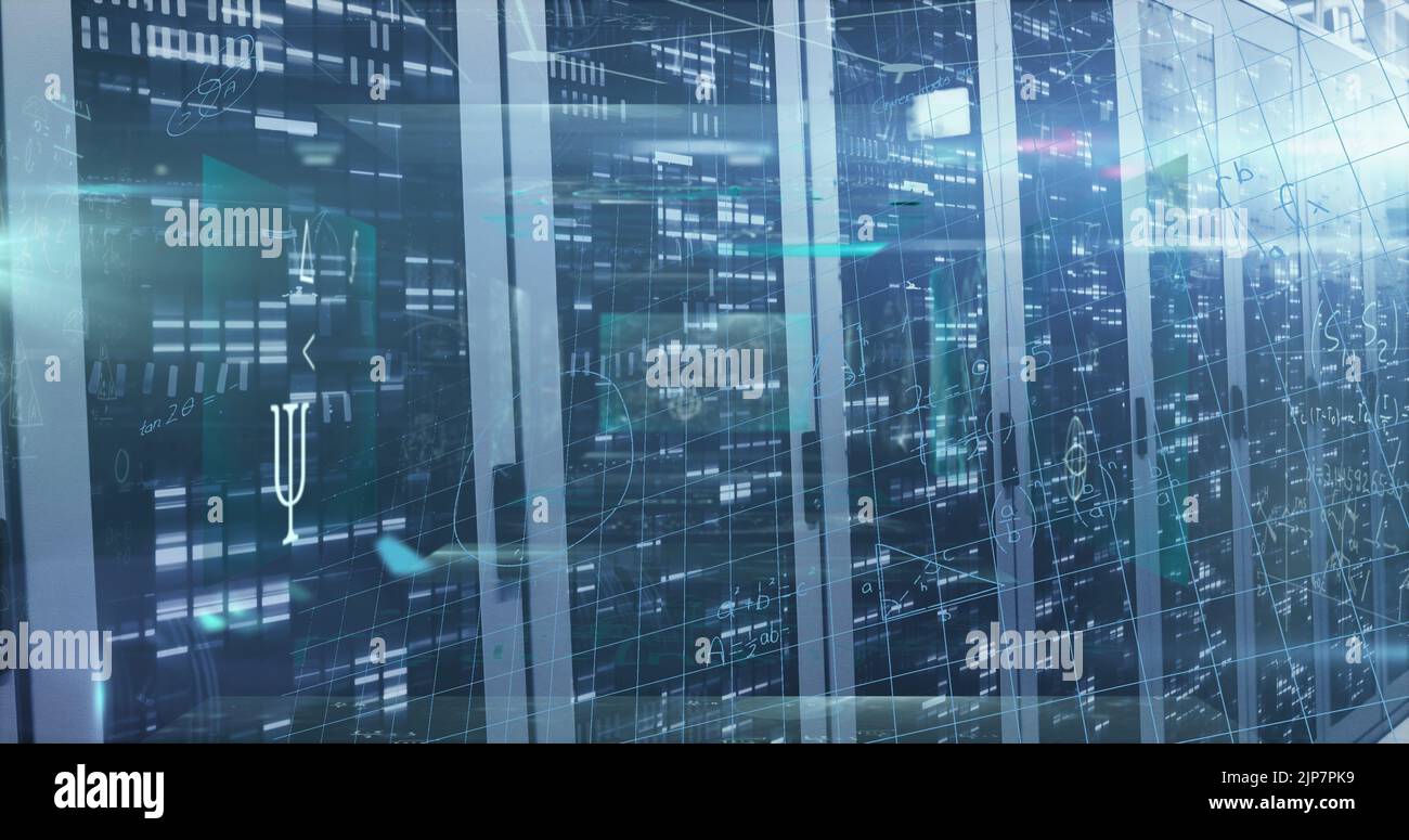 Image of processing data and maths calculations over flashing computer servers Stock Photo - Alamy