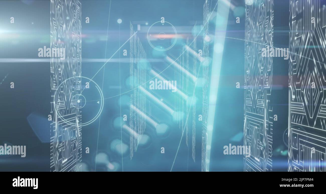 Image Of Dna Structure Spinning Over Screens Of Microprocessor Connections On Blue Background