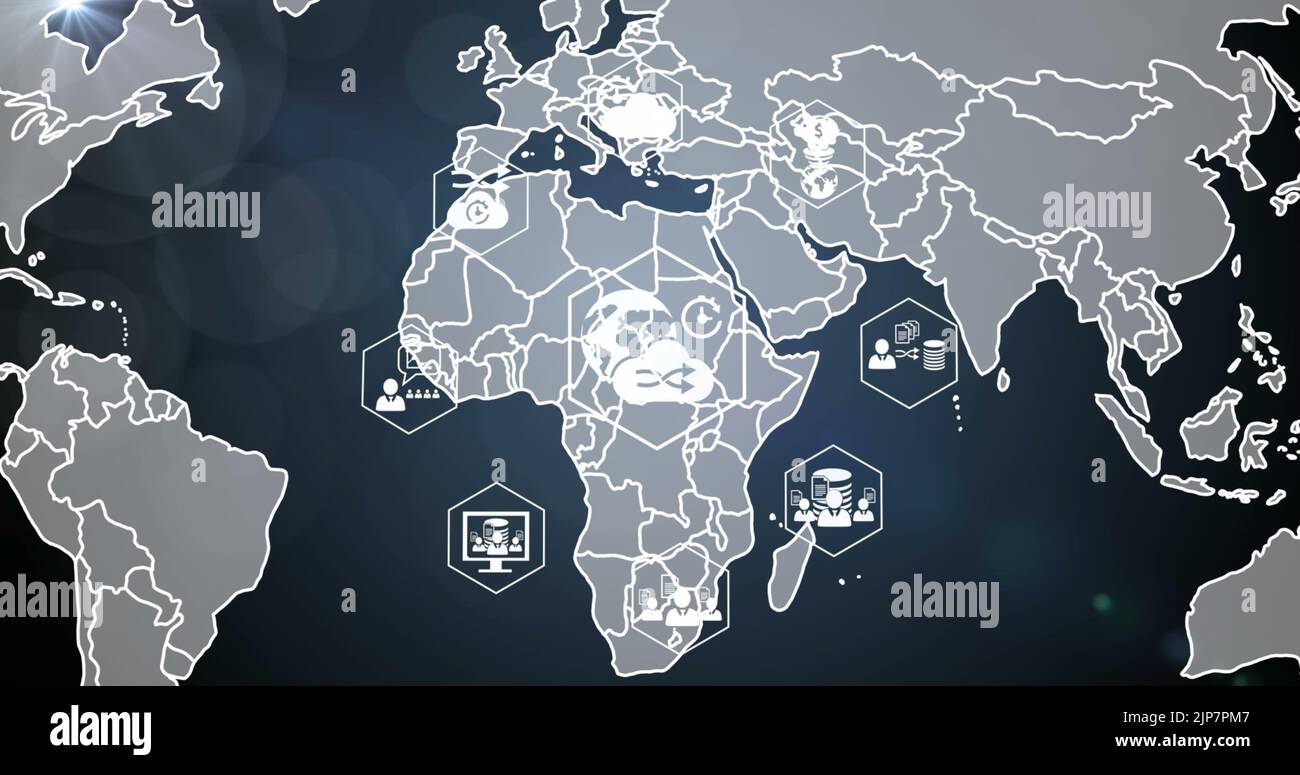 Image of multiple digital icons spinning over world map against blue ...