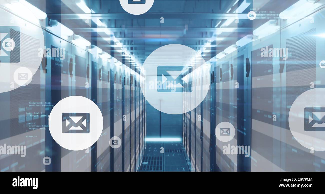 Image of envelope icons and data processing over computer servers Stock ...