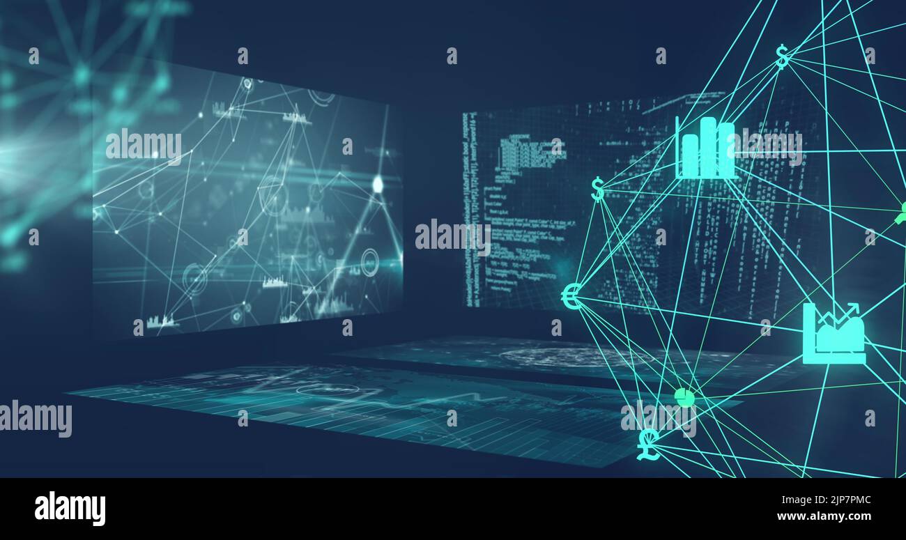 Image of business icons over data processing and digital screens Stock Photo - Alamy