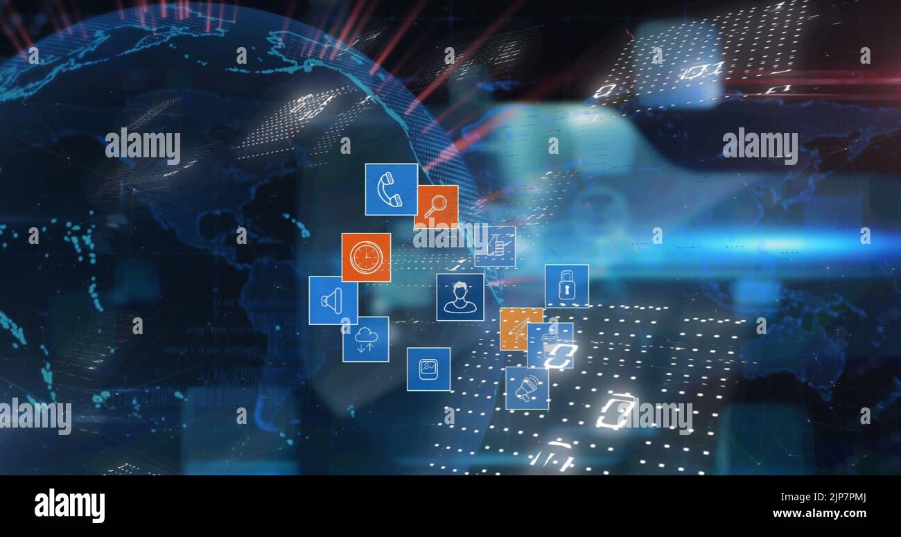 Image of media icons over data processing and globe Stock Photo - Alamy