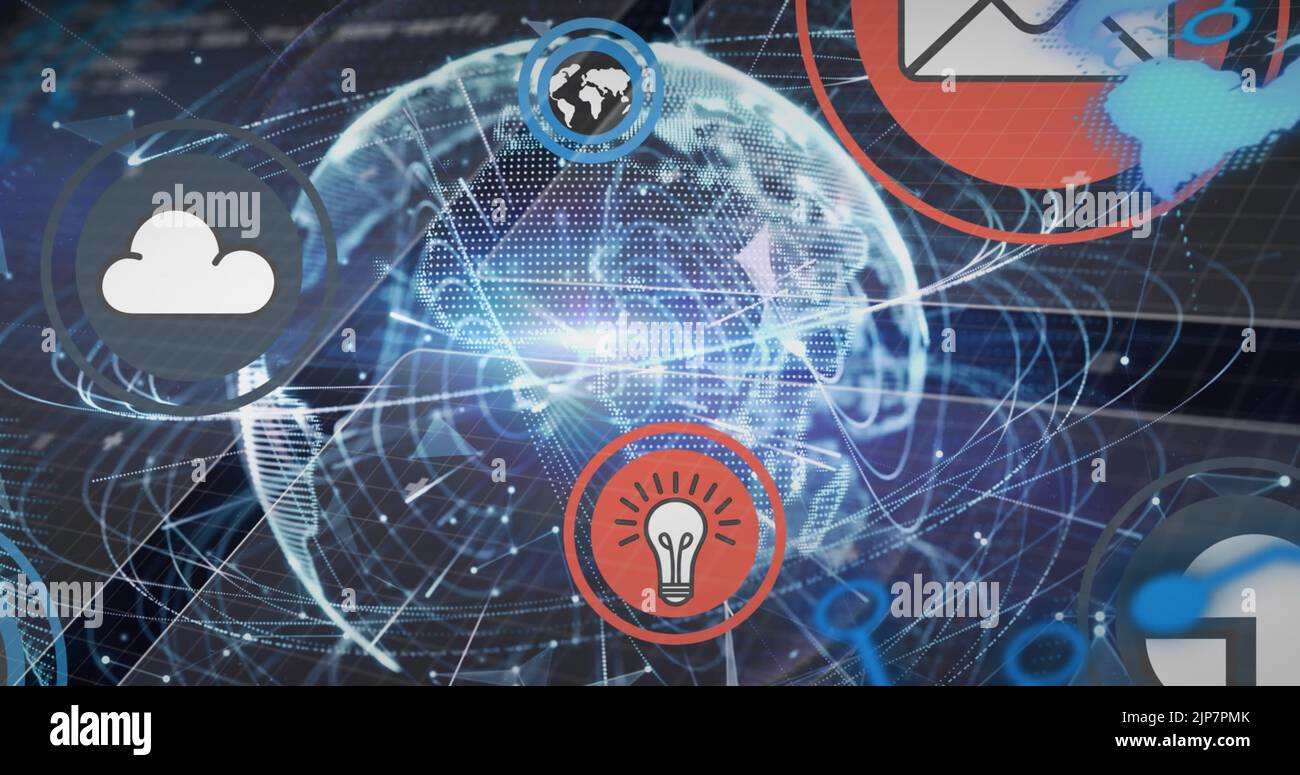Image of digital icons and data processing over globe of network of connections Stock Photo - Alamy