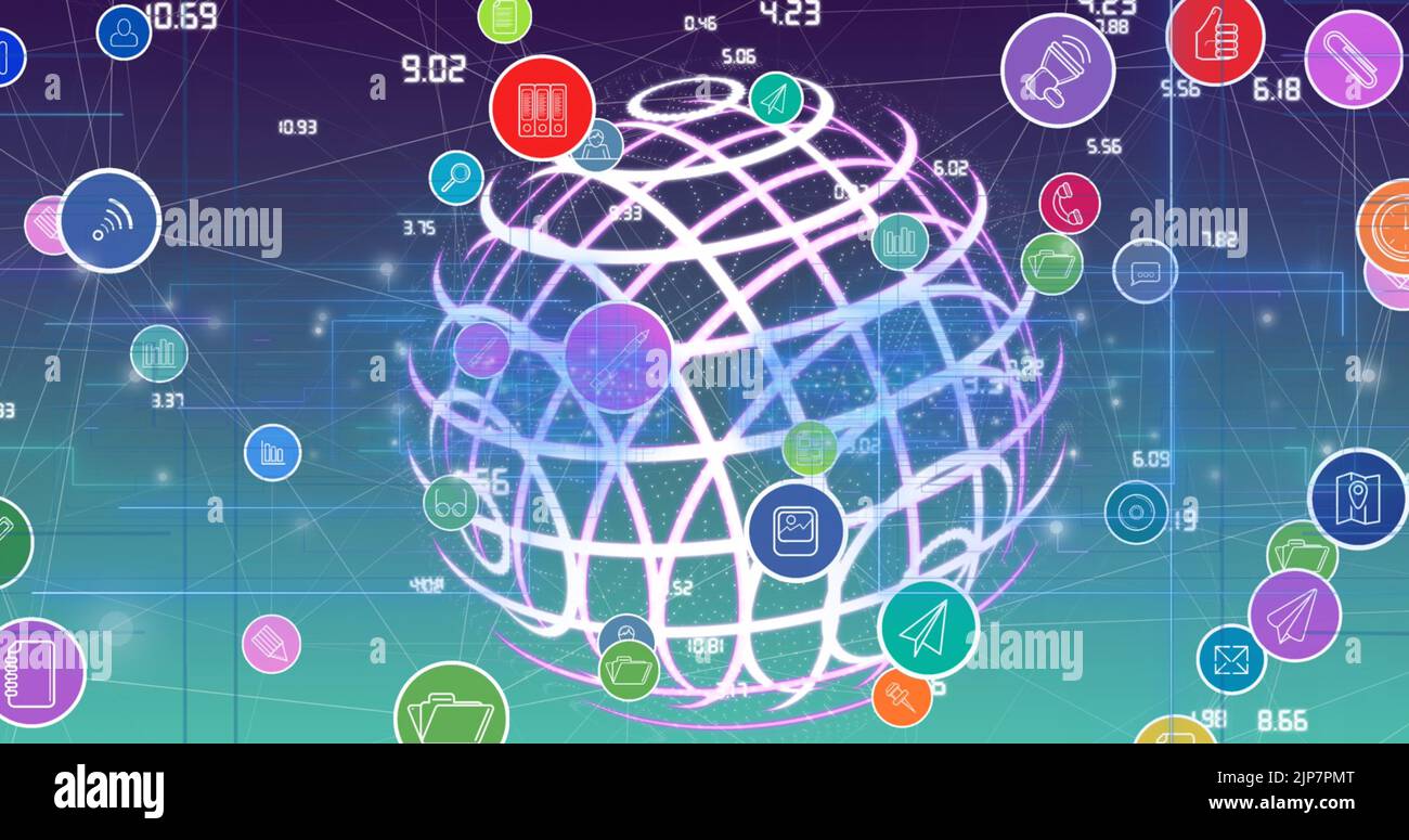 Image of network of digital icons over spinning globe against blue and green gradient background ...
