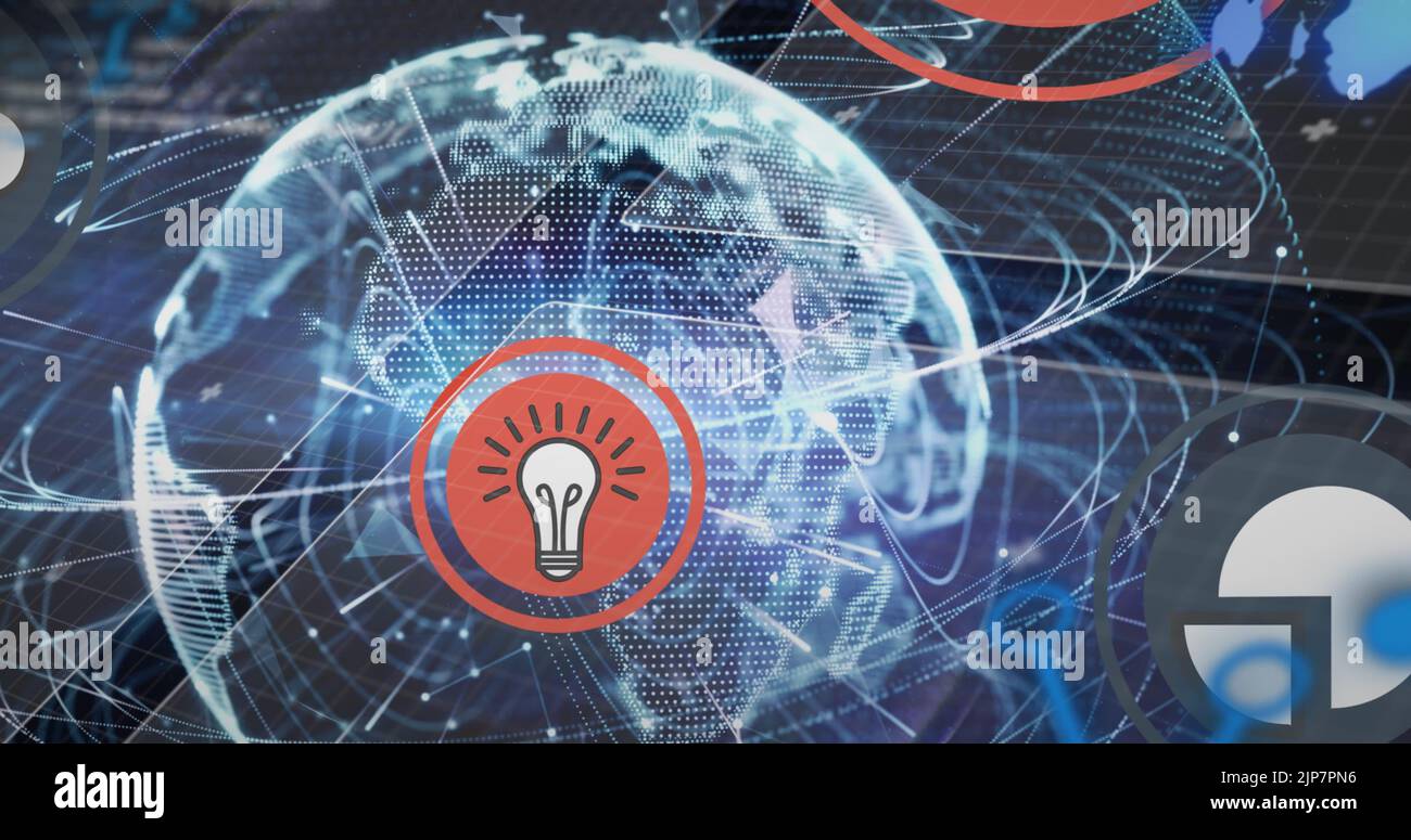 Image of digital icons and data processing over globe of network of connections Stock Photo - Alamy