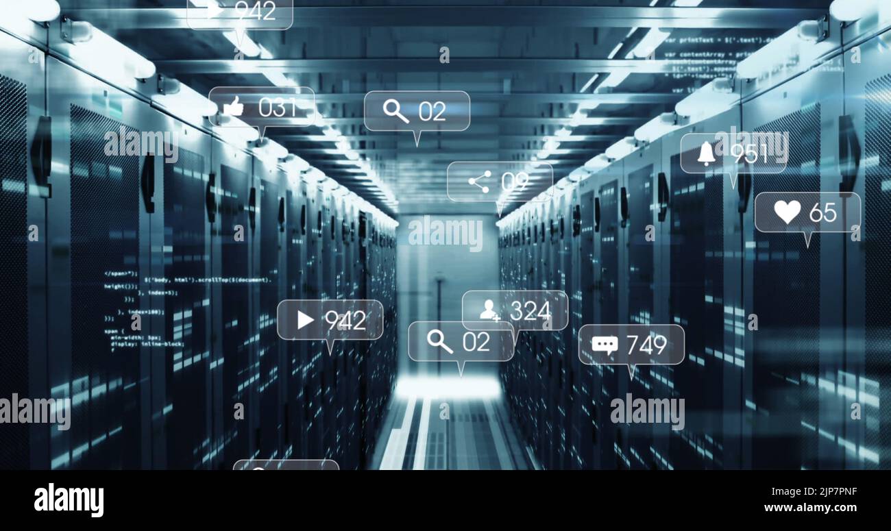 Image of social media icons and numbers and data processing over computer servers Stock Photo ...