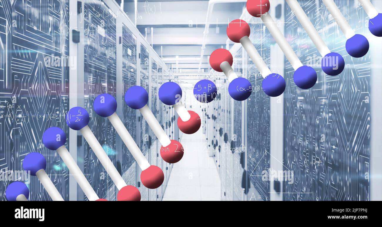 Image of data processing and dna strand over server room Stock Photo ...