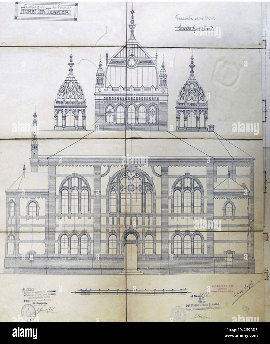 The rear (south) view plan of the synagogue in Rijeka - Lipót Baumhorn ...