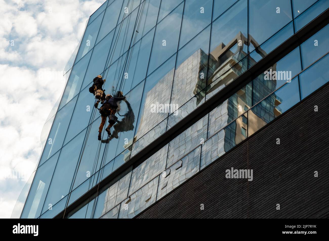 Workers cleaning office building windows Stock Photo - Alamy