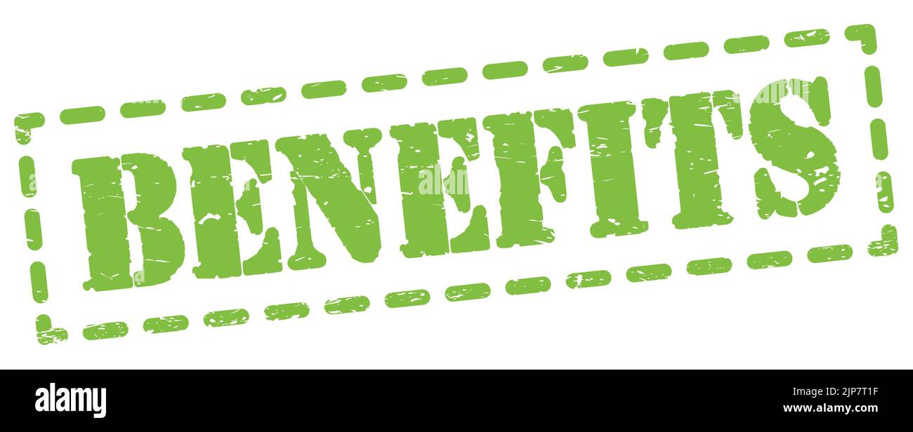 BENEFITS text written on green dash stamp sign Stock Photo - Alamy