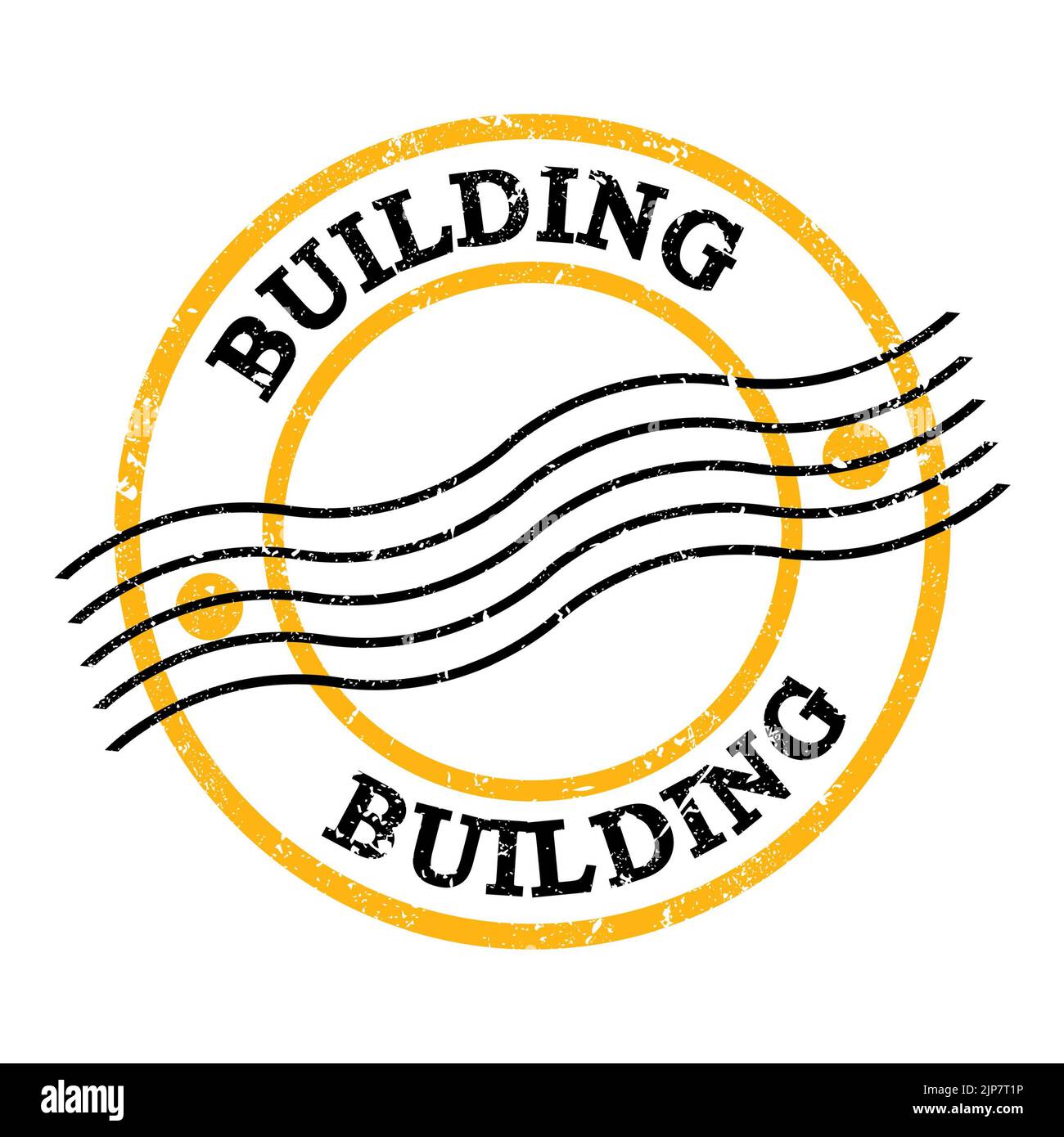 BUILDING, text written on yellow-black grungy postal stamp Stock Photo ...