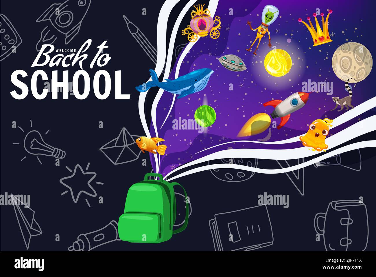 Back to school poster backpack, space imagination, creative concept ...