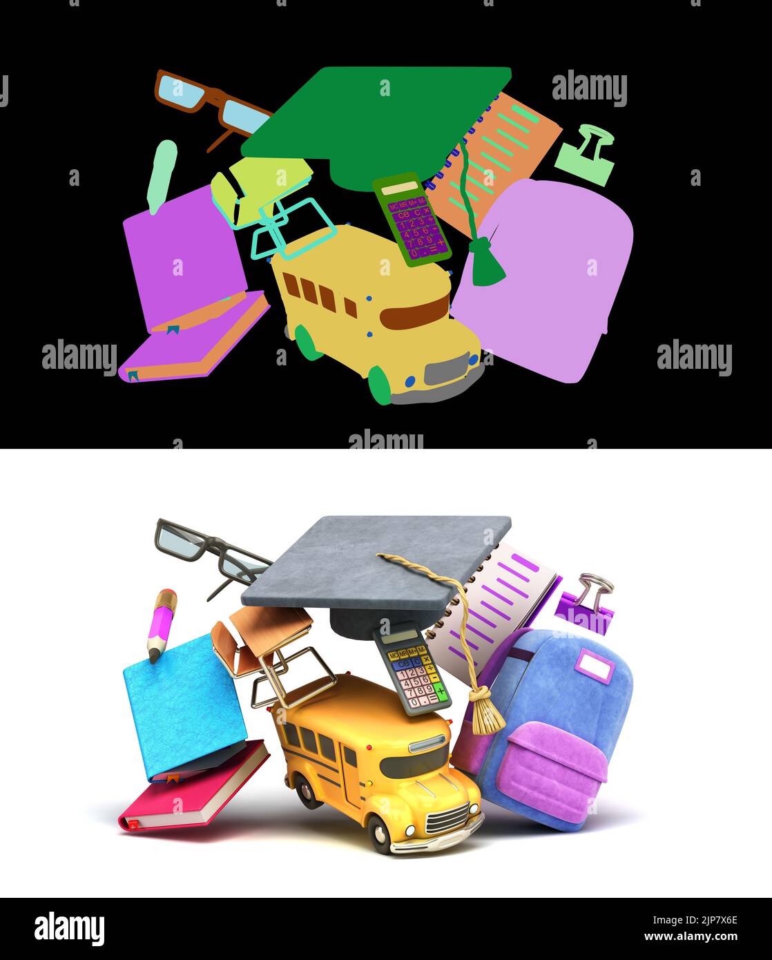 back to school concept school supply flying in air around bus 3d ...