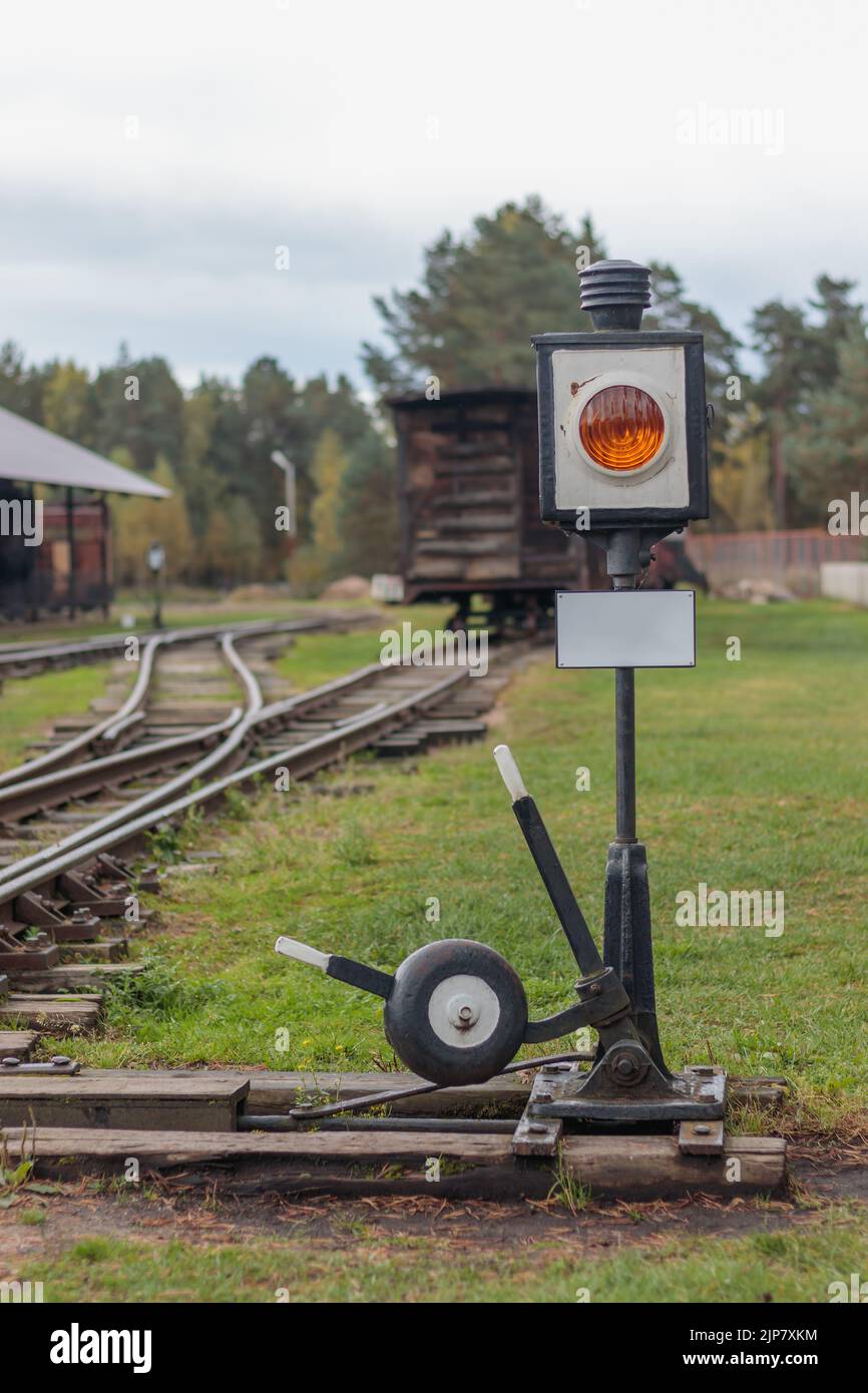 View of Traditional railway station with iron switch Stock Photo - Alamy
