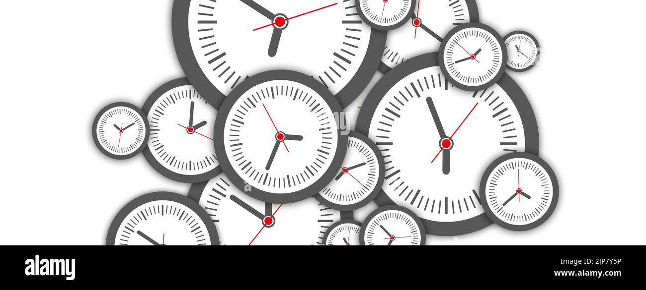 Time background with round wall clocks Stock Photo - Alamy