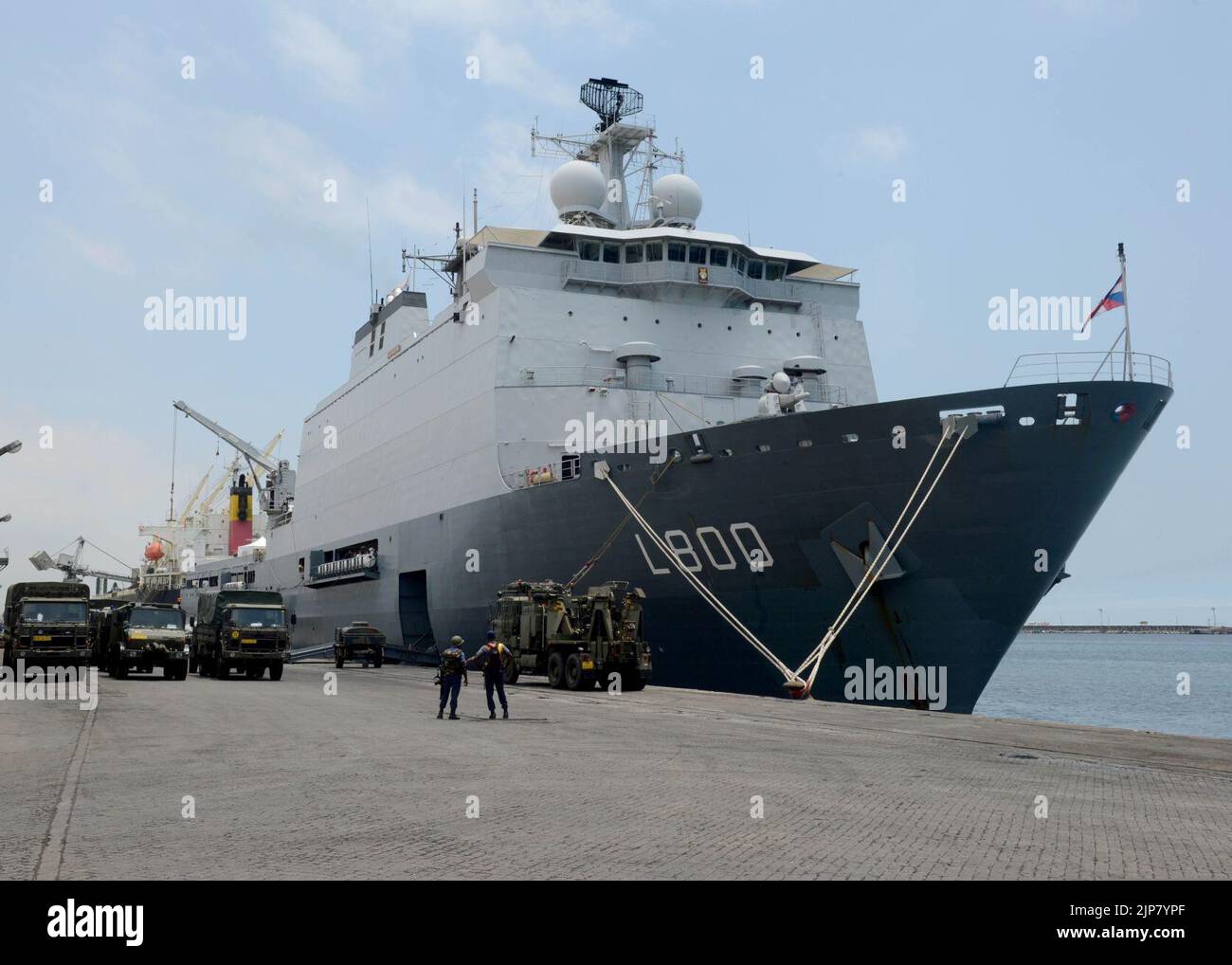 The Royal Netherlands Navy amphibious transport dock ship HNLMS Rotterdam (L800) is loaded with ...