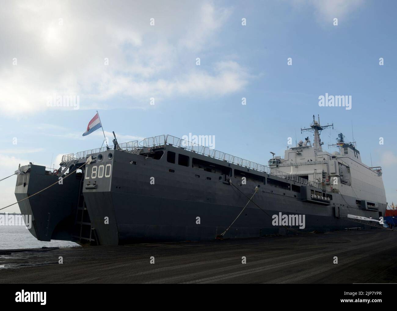 The Royal Netherlands Navy amphibious transport dock ship HNLMS Rotterdam (L800) sits pierside ...