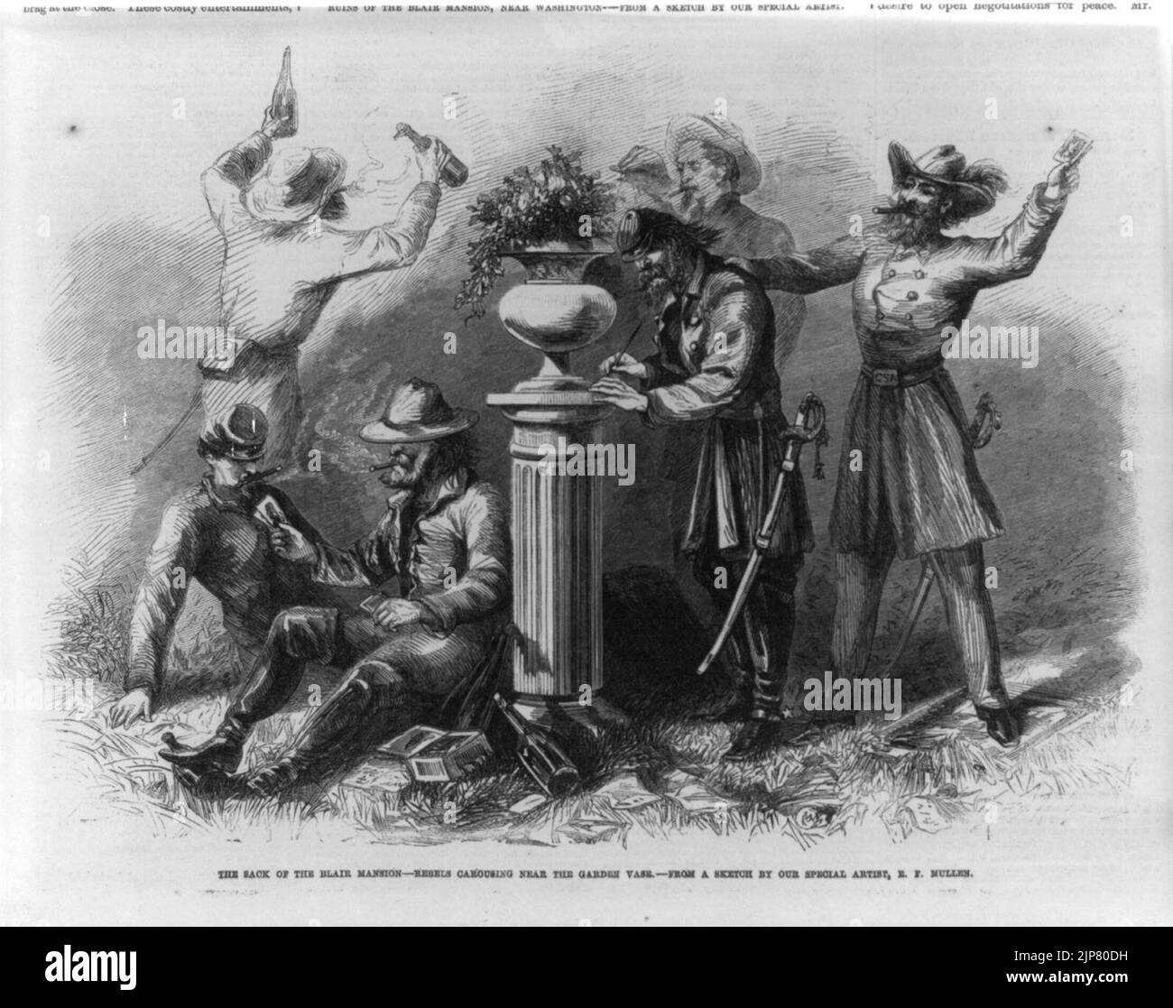 The sack of the Blair Mansion - Rebels carousing near the garden vase ...