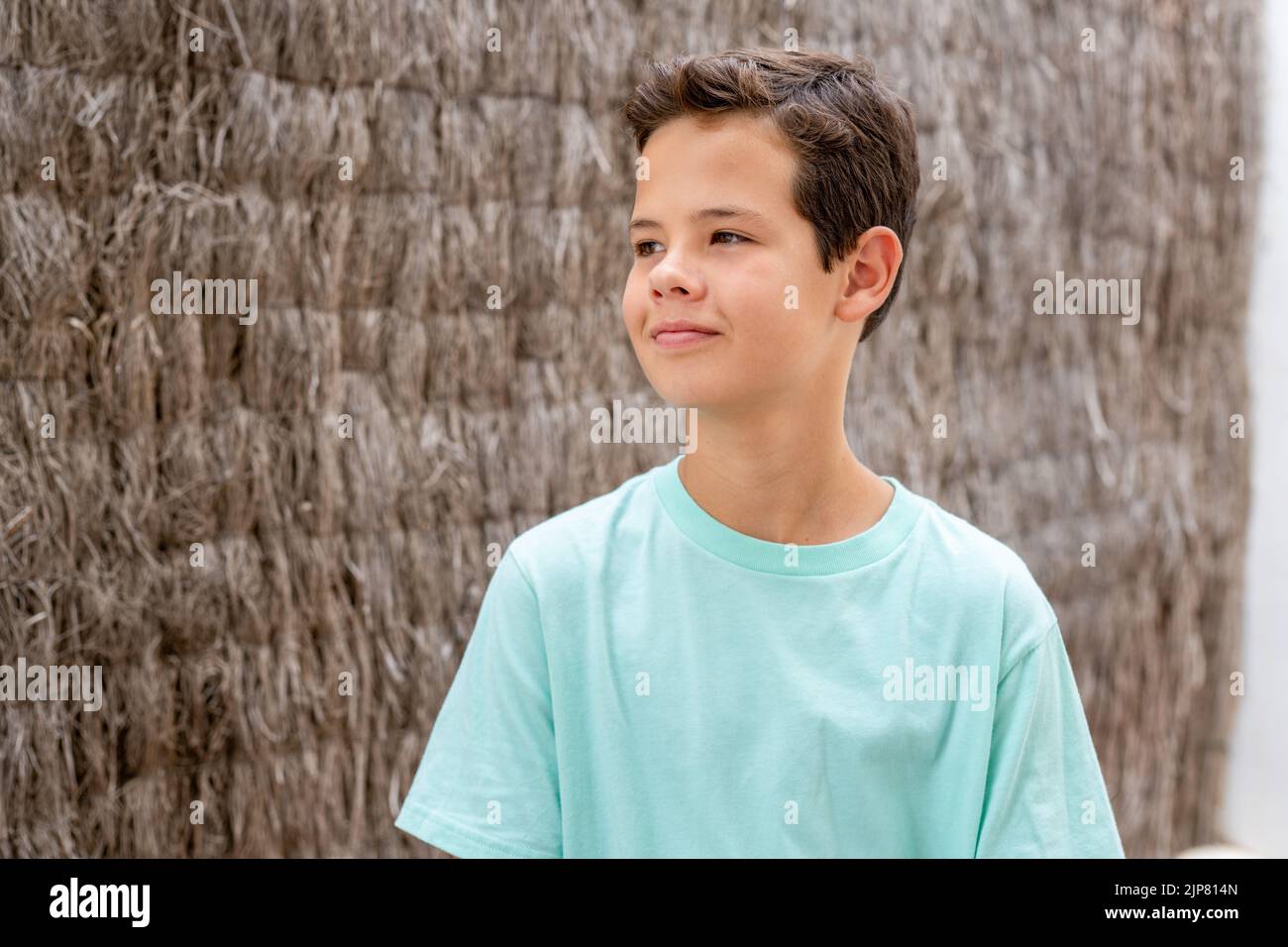 Smiling kid boy in casual t-shirt outdoors. Looking side. Teenage boy ...