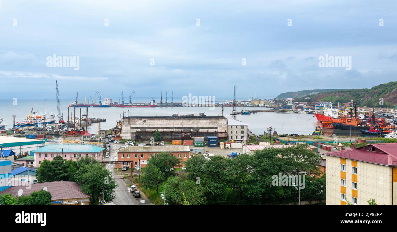 Korsakov, Russia - August 04, 2022: Aerial view of a cargo port on ...