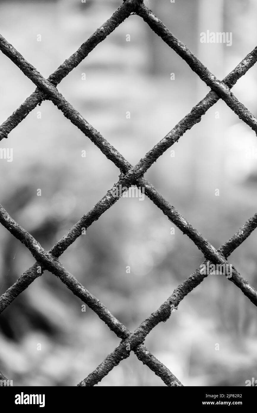 The vertical close-up grayscale of a metal fence barrier mesh - good ...