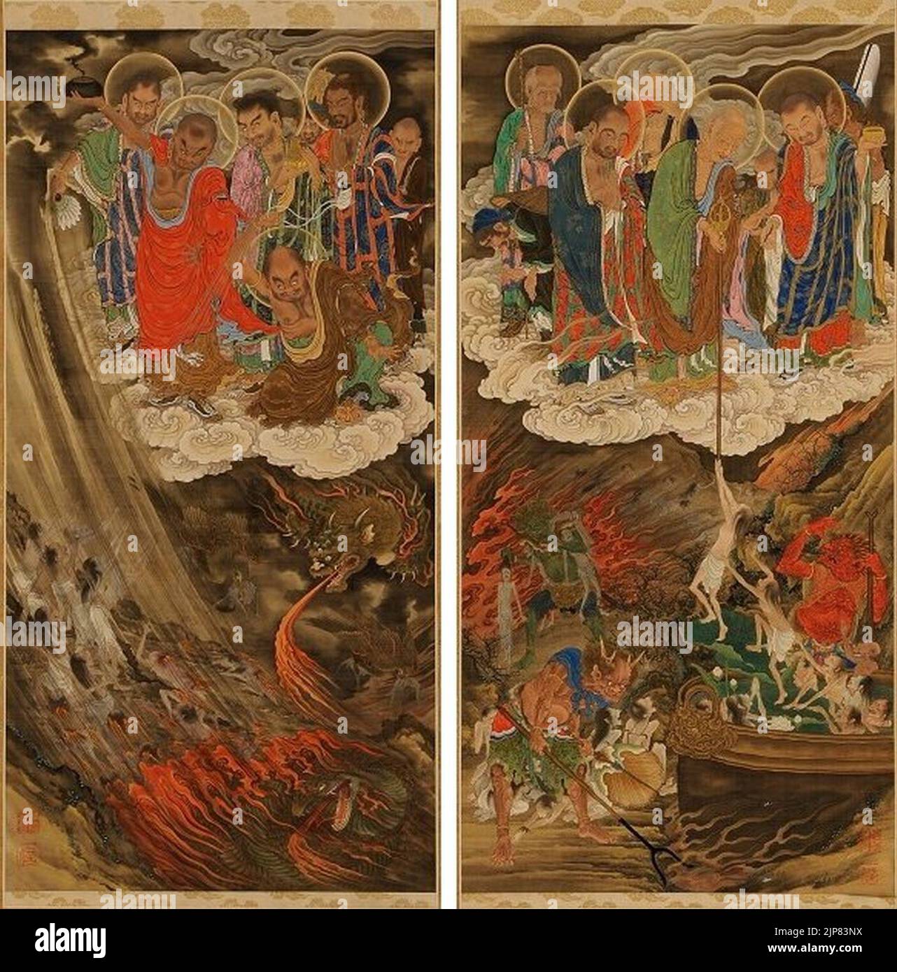 The Six Realms, Hell, Five Hundred Arhats, Scrolls 21 & 22 Stock Photo ...