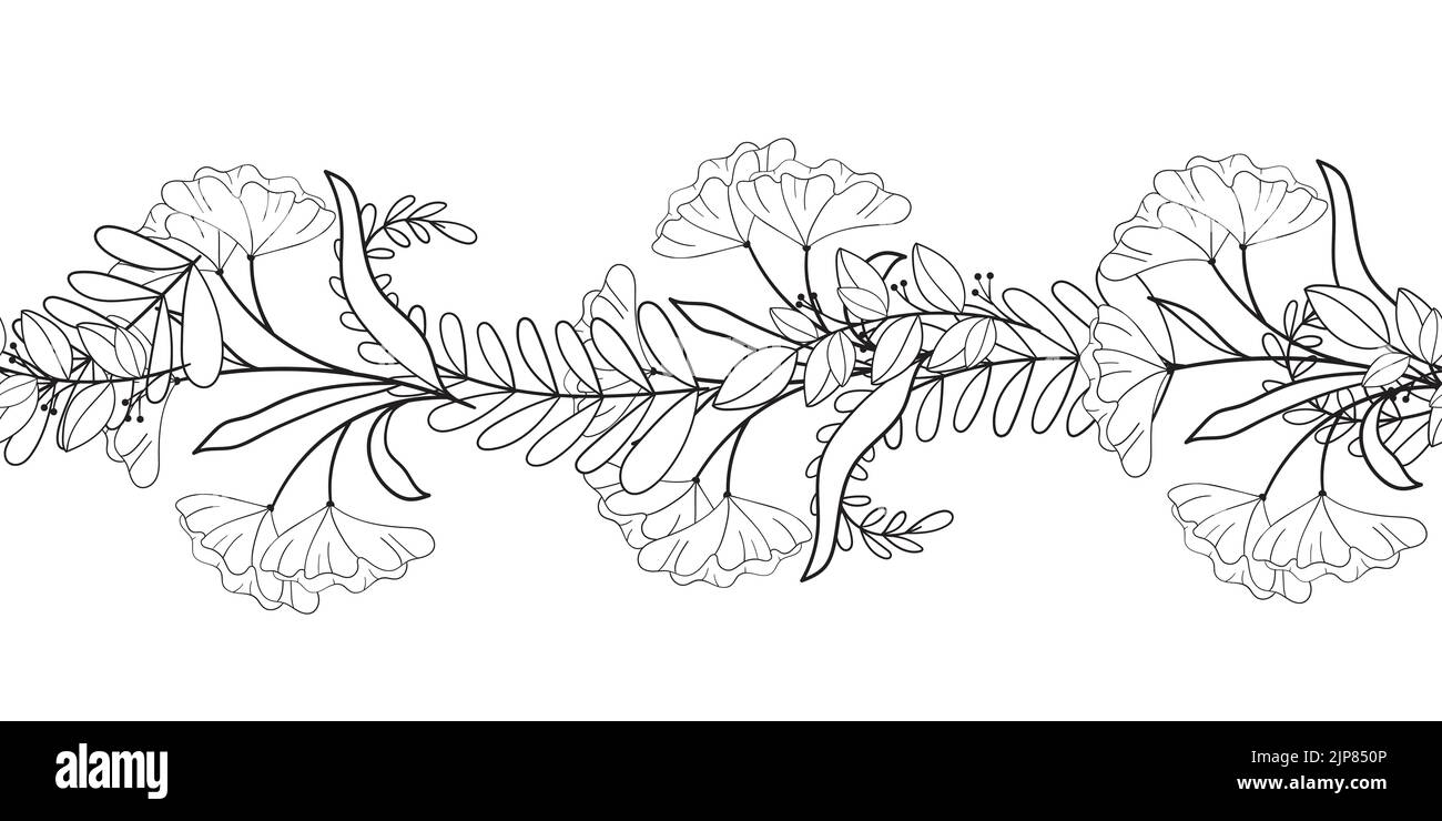 Vintage rustic seamless pattern border with floral motif. Flowers black ...