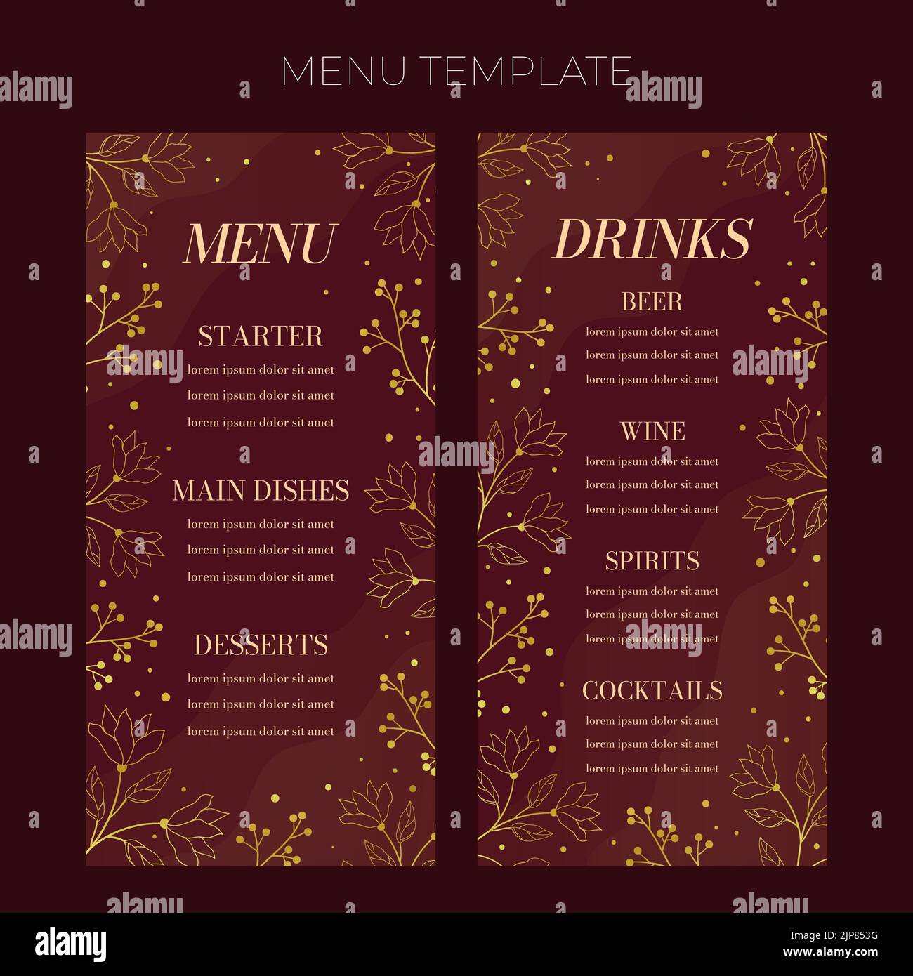 Floral wedding Menu template in elegant golden style, invitation card ...
