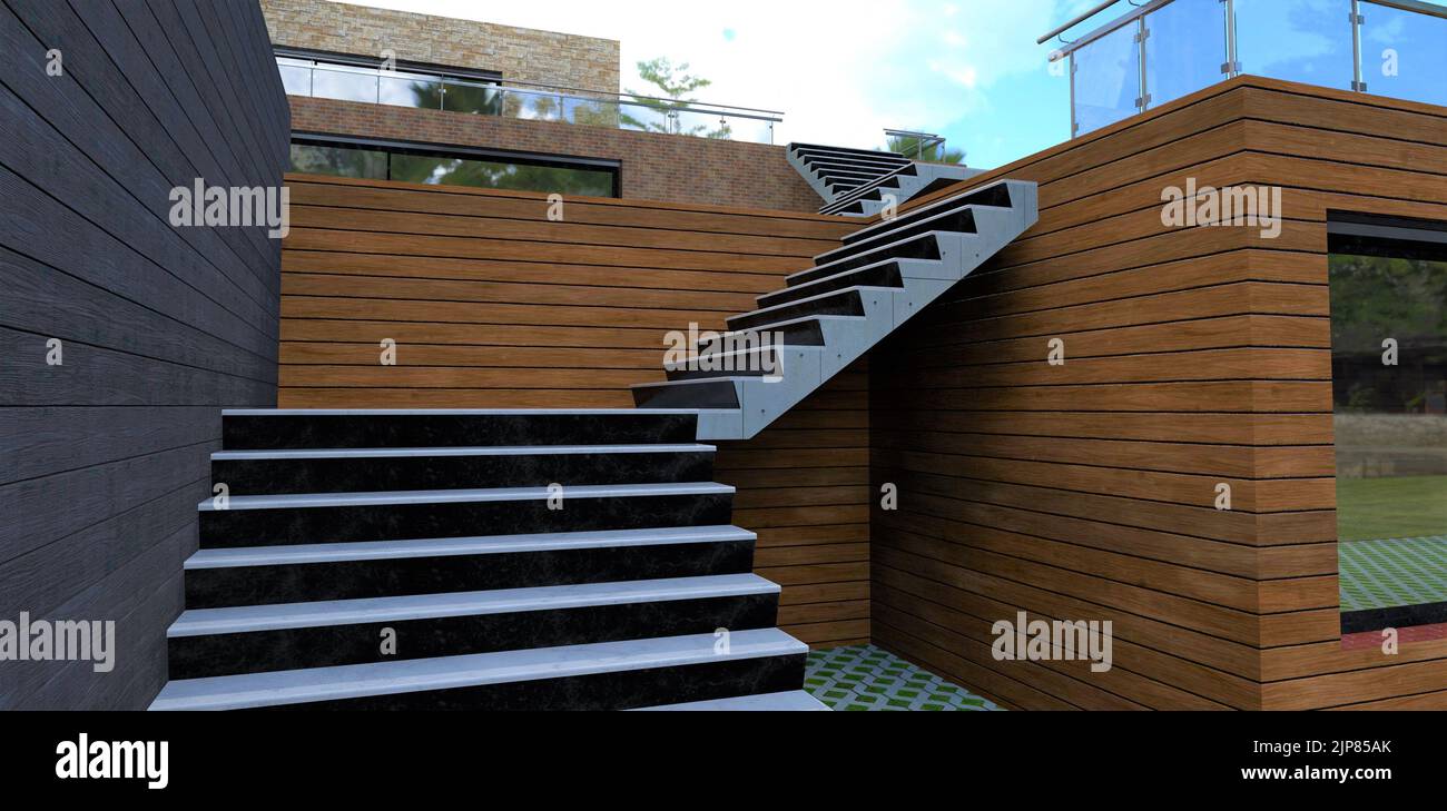 Stairwell design. Concrete steps. Wall decoration facade board. Glass ...