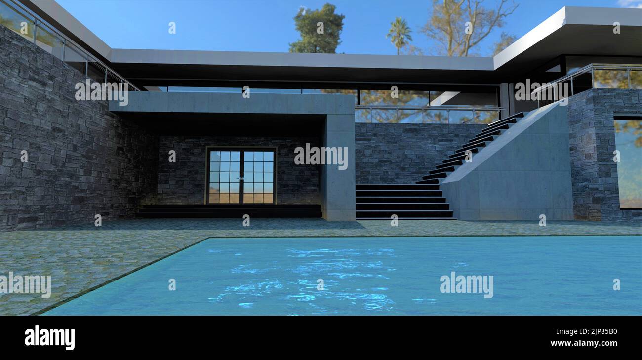 Terrace overlooking the wonderful blue pool in the courtyard of an ...