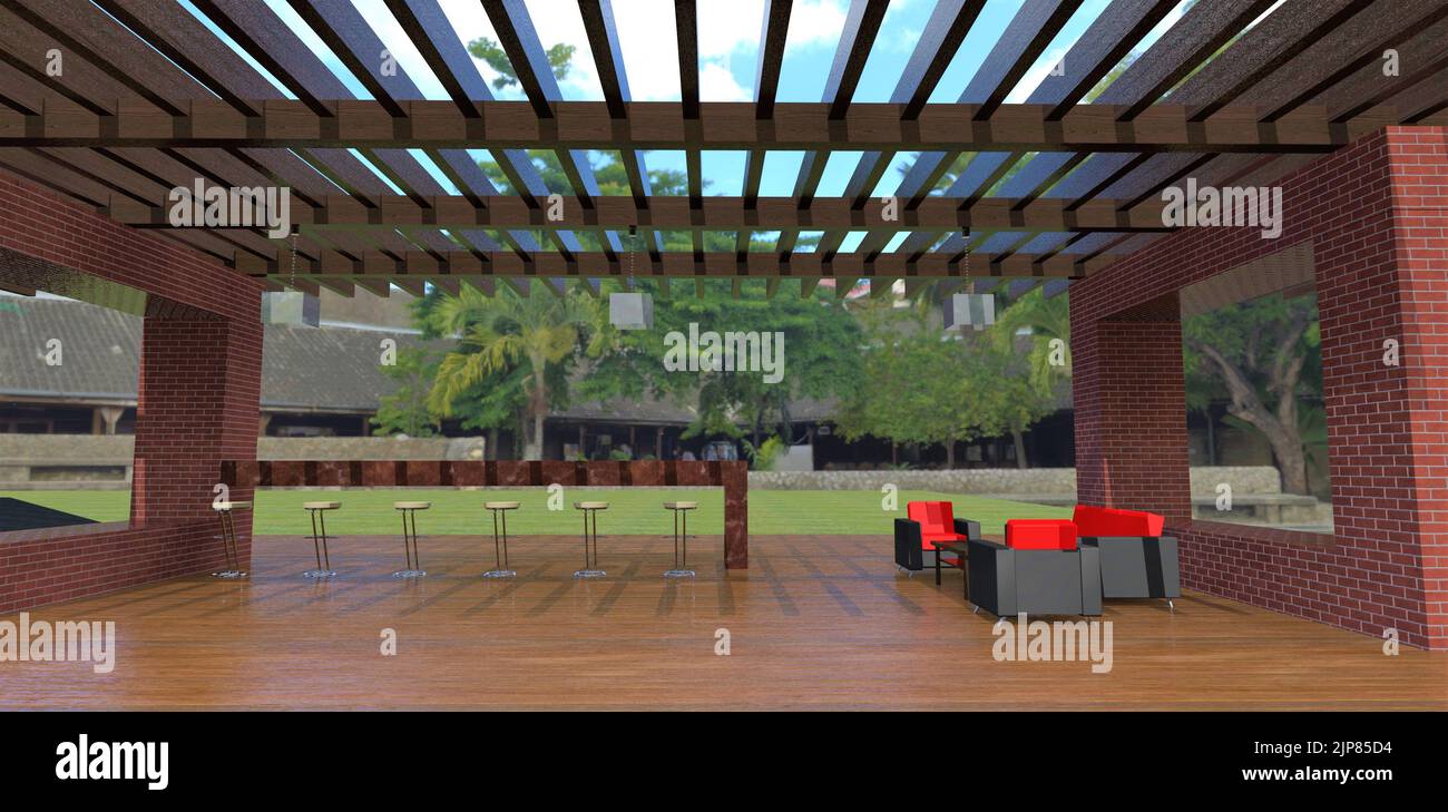 Wonderful patio. Red marble bar with chairs. Red armchairs and sofa ...