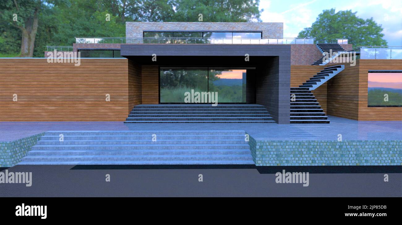 Wooden facade. The concept of an advanced villa. Front entrance and ...