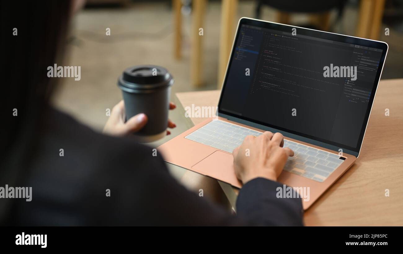 Female programmer working on web site project, programming on desktop computer in startup ...