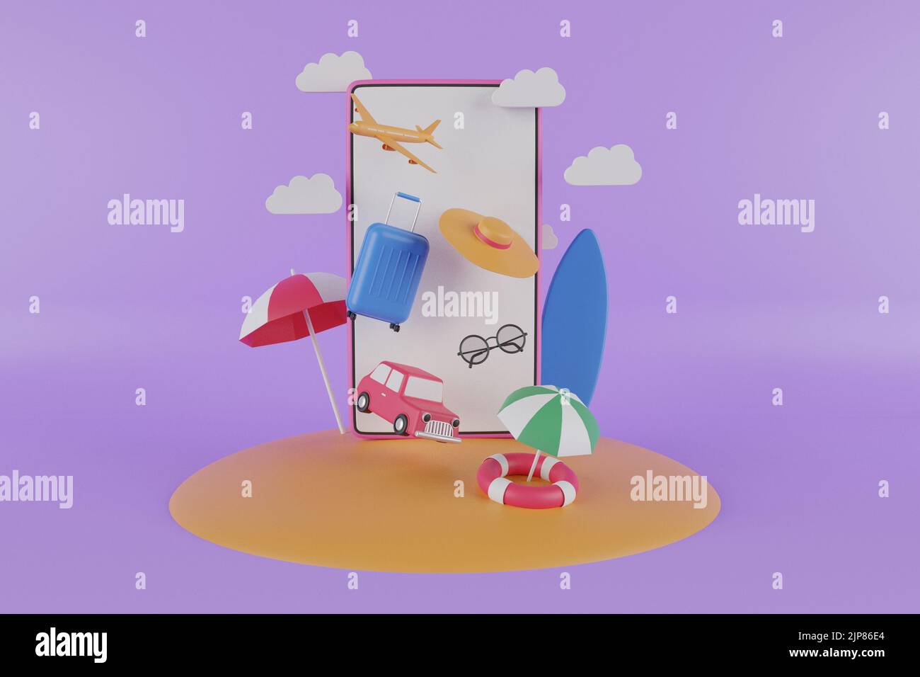 Traveling suitcase with smartphone and travel accessories on purple ...