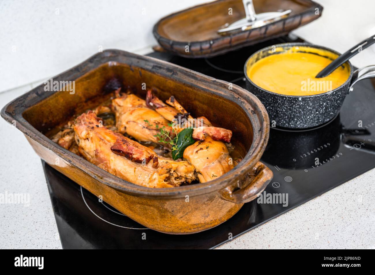 Baked rabbit with spice and herb in open rustic earthenware pan, pot ...