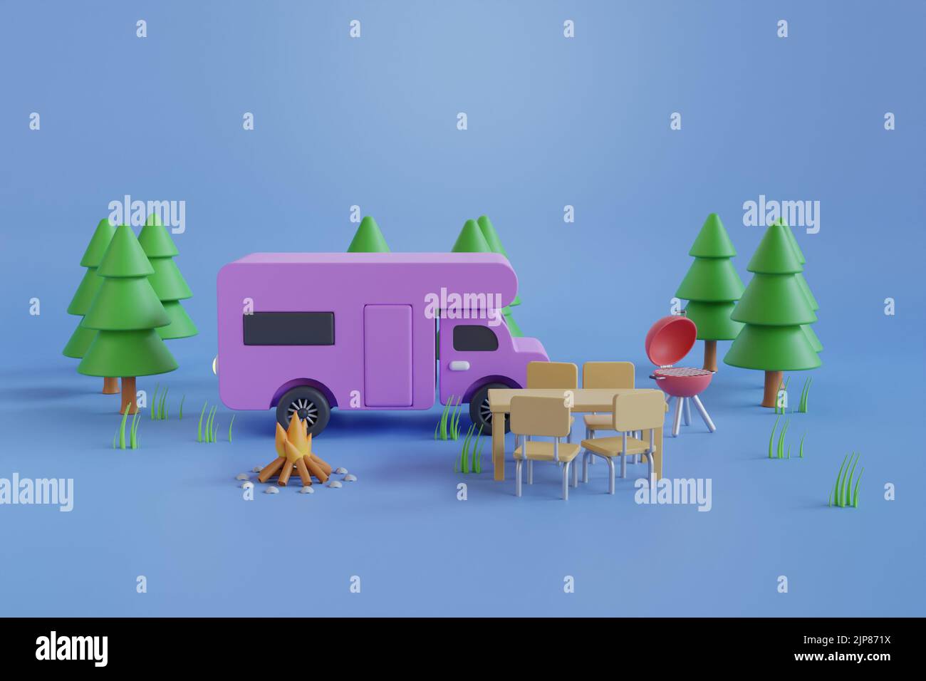 Motorhome camping surrounded by pine trees on an blue background. 3d ...