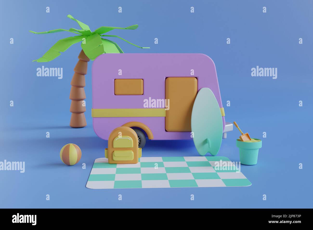 3D cartoon motorhome , summertime camping, traveling, trip, hiking ...