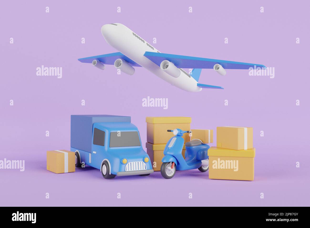 3d rendering of fast delivery service by truck, scooter, airplane ...