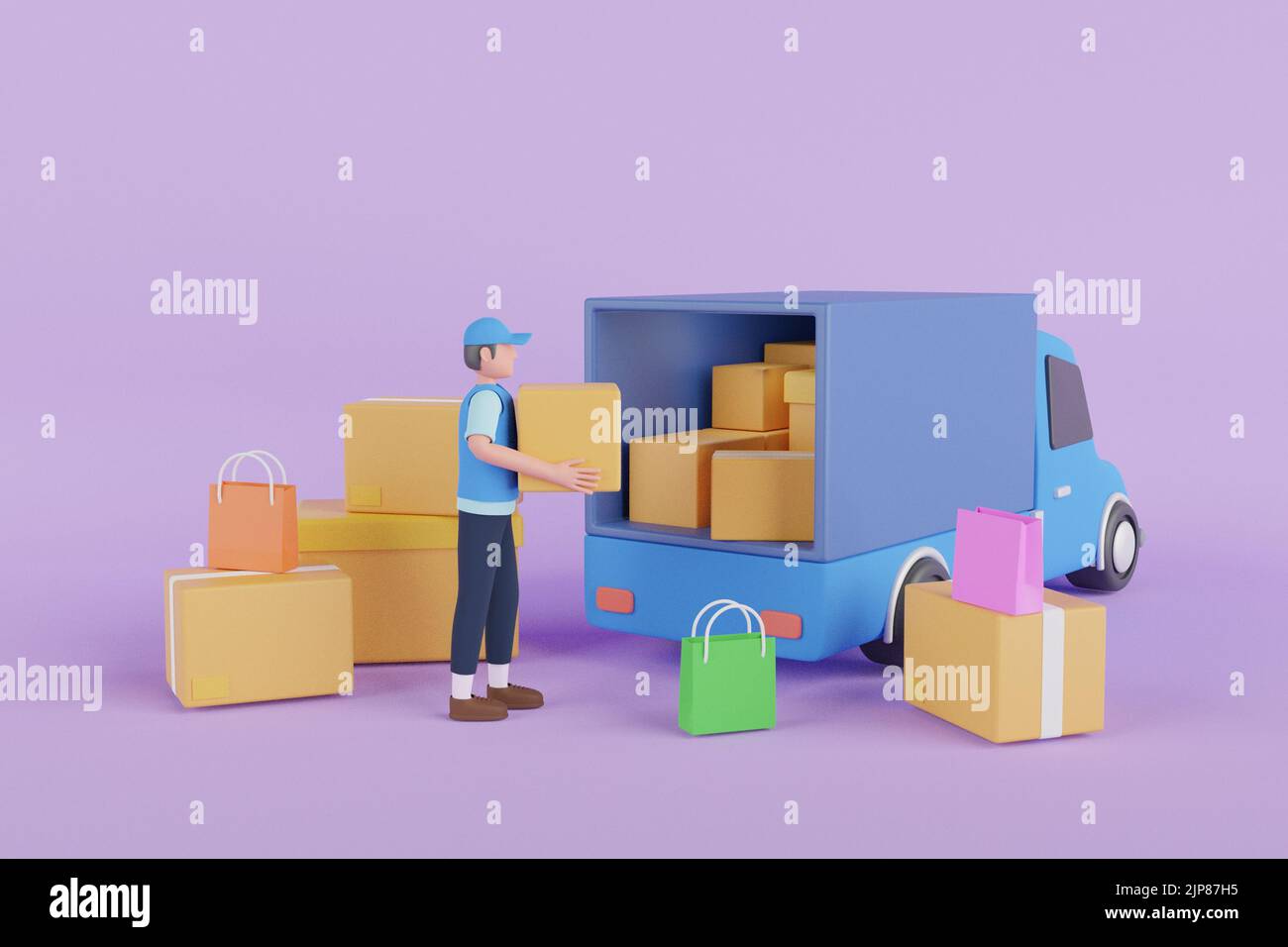 3d Courier service Delivery. Delivery man and boxes. Courier or ...