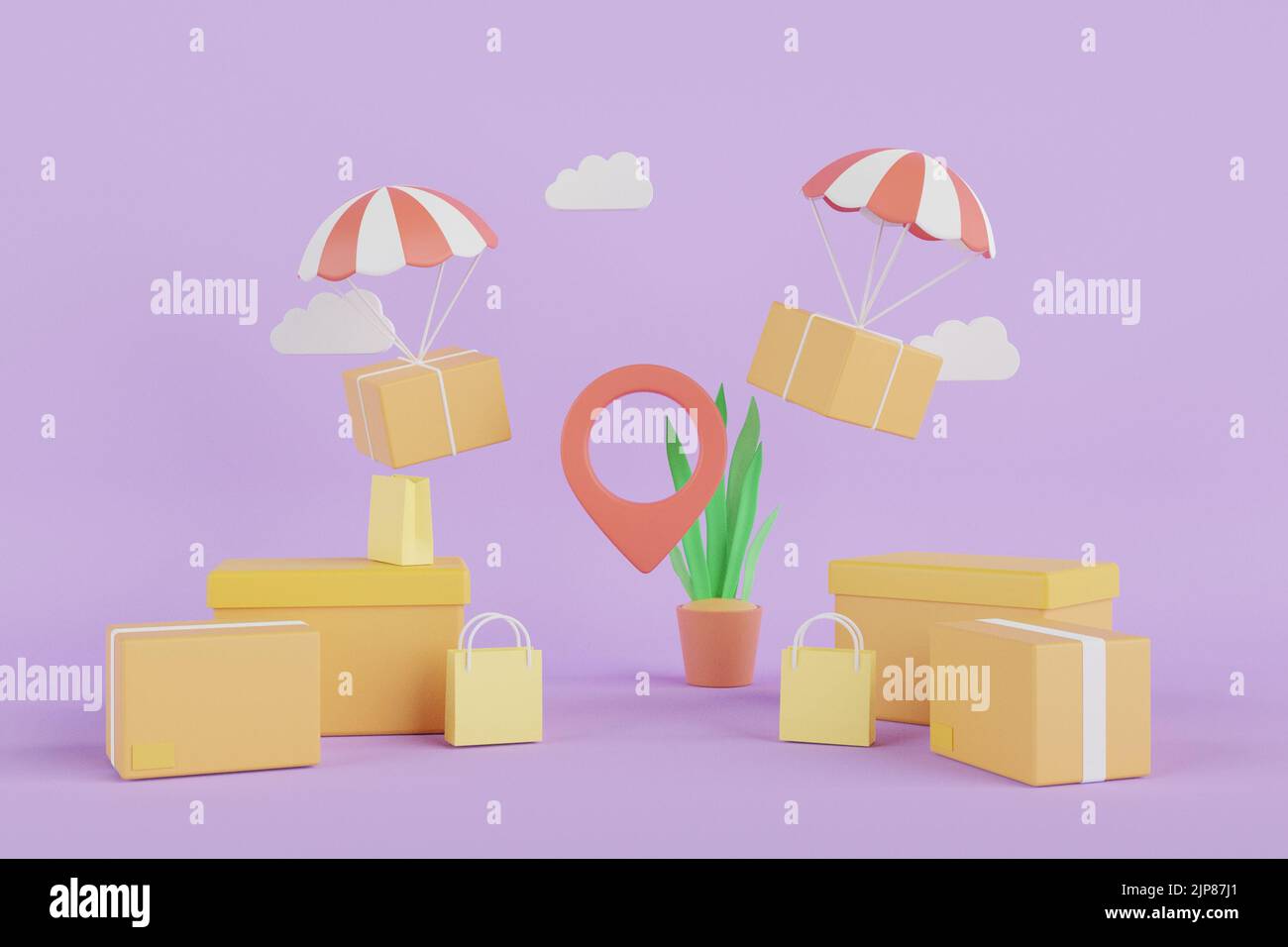 3d rendering of Delivery service and cardboard box with red location pin. cardboard boxes. 3d ...