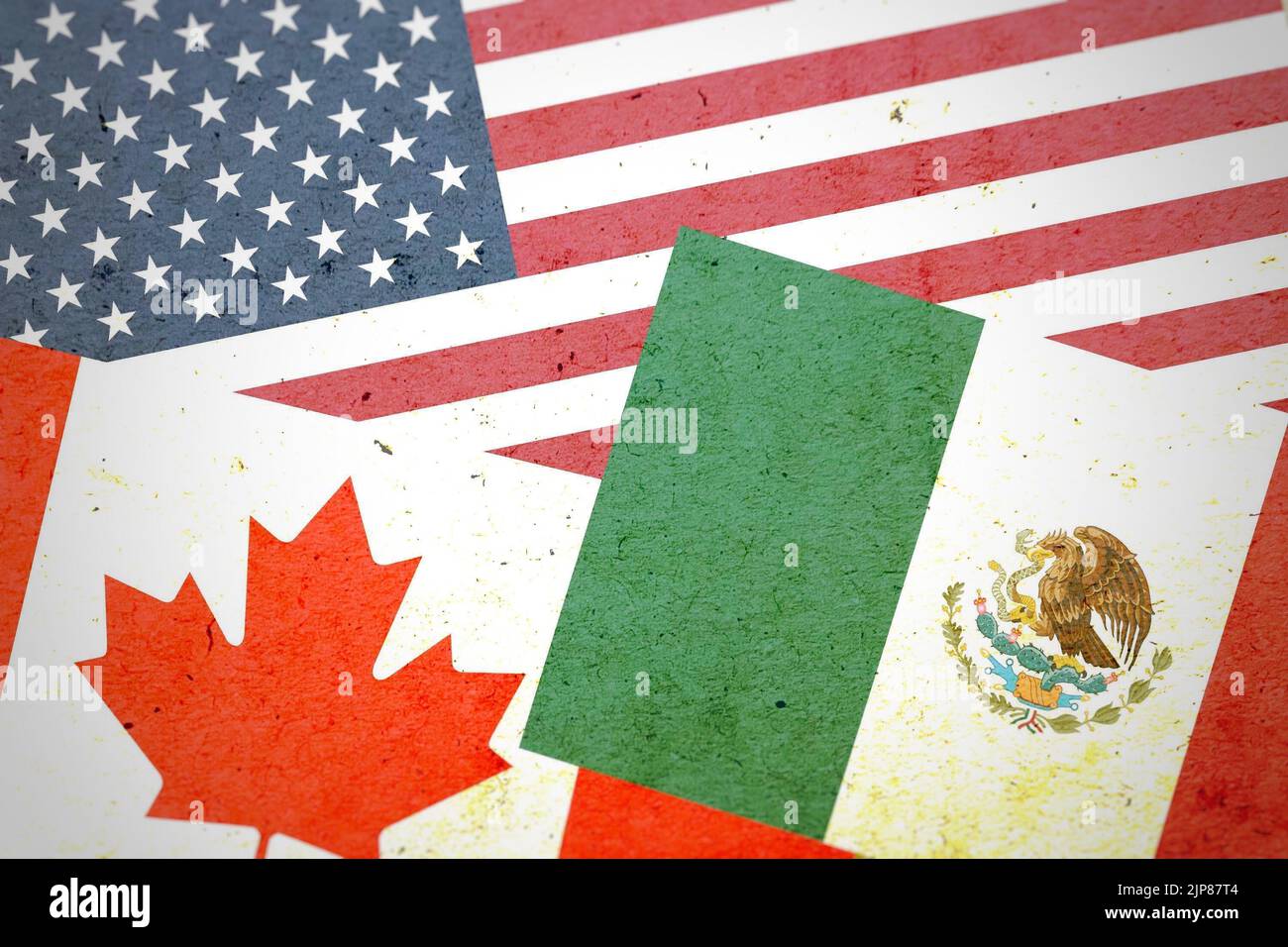 The view of USA Canada Mexico flags together on the dirty wall Stock ...