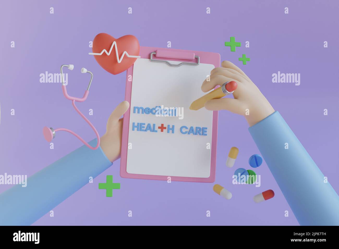 3d render. Doctor's paper form, diagnosis, medical list with ...